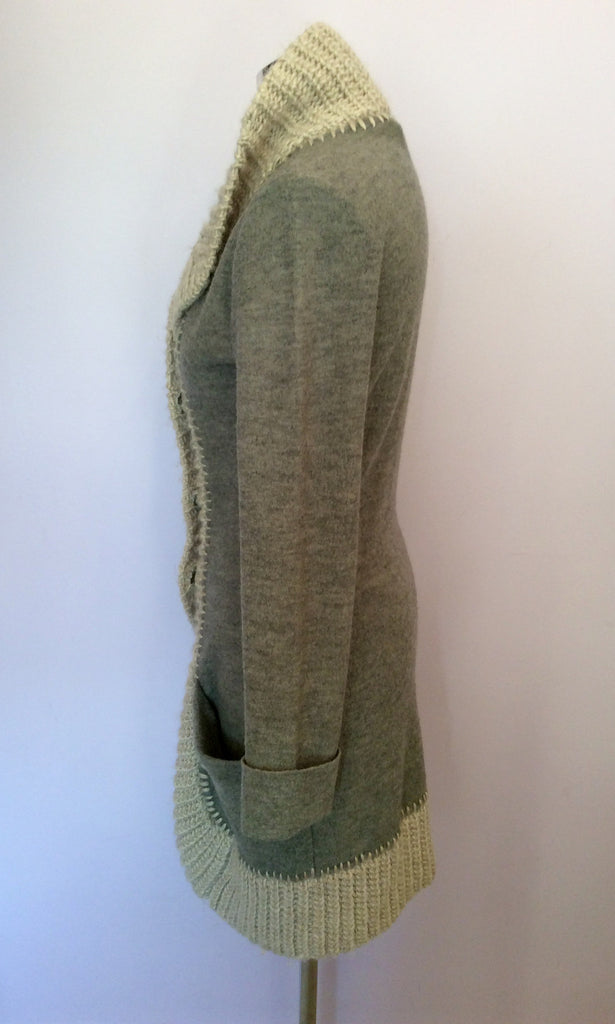 Casch By Gro Abrahamsson Sage Green & Beige Trim Long Wool Cardigan Si ...